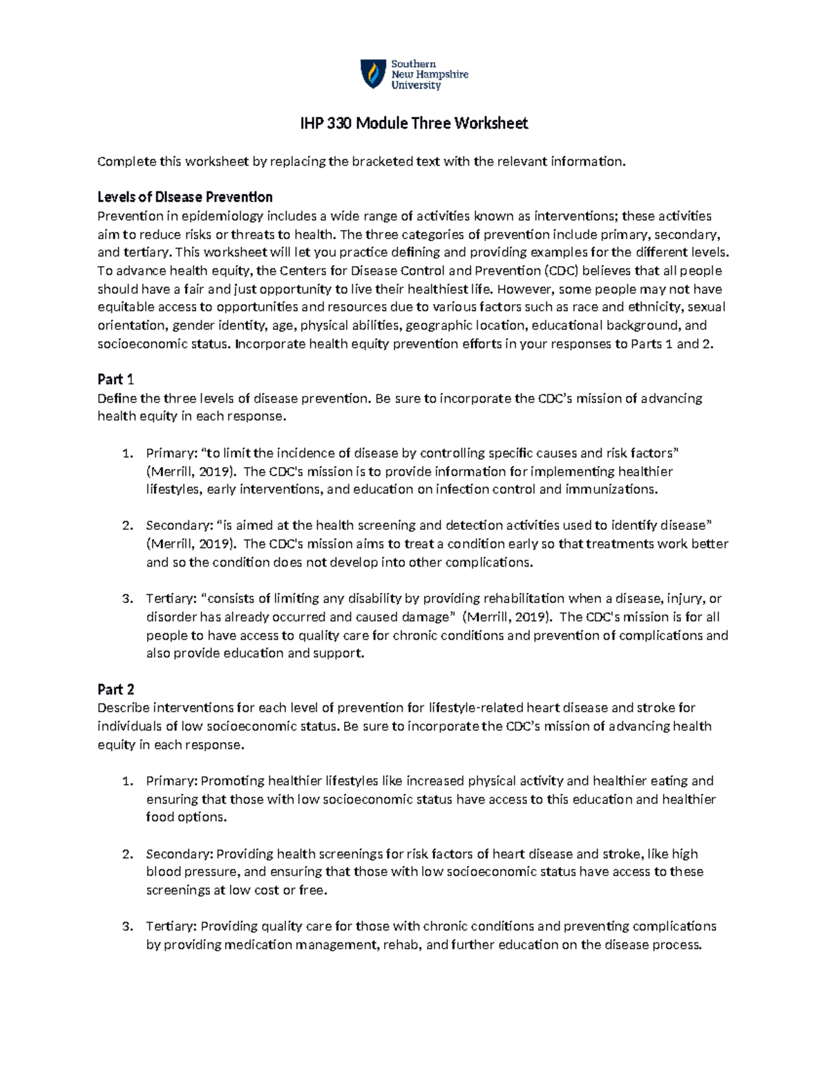 IHP 330 Module Three: Levels of Prevention Worksheet & Health Equity ...