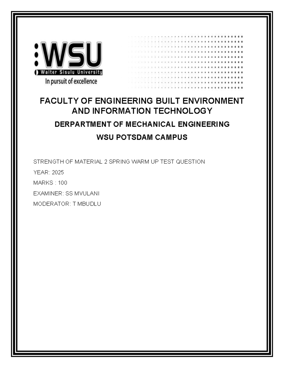 Strength of Materials 2 - Spring Warm Up Test Questions 2025 - Studocu