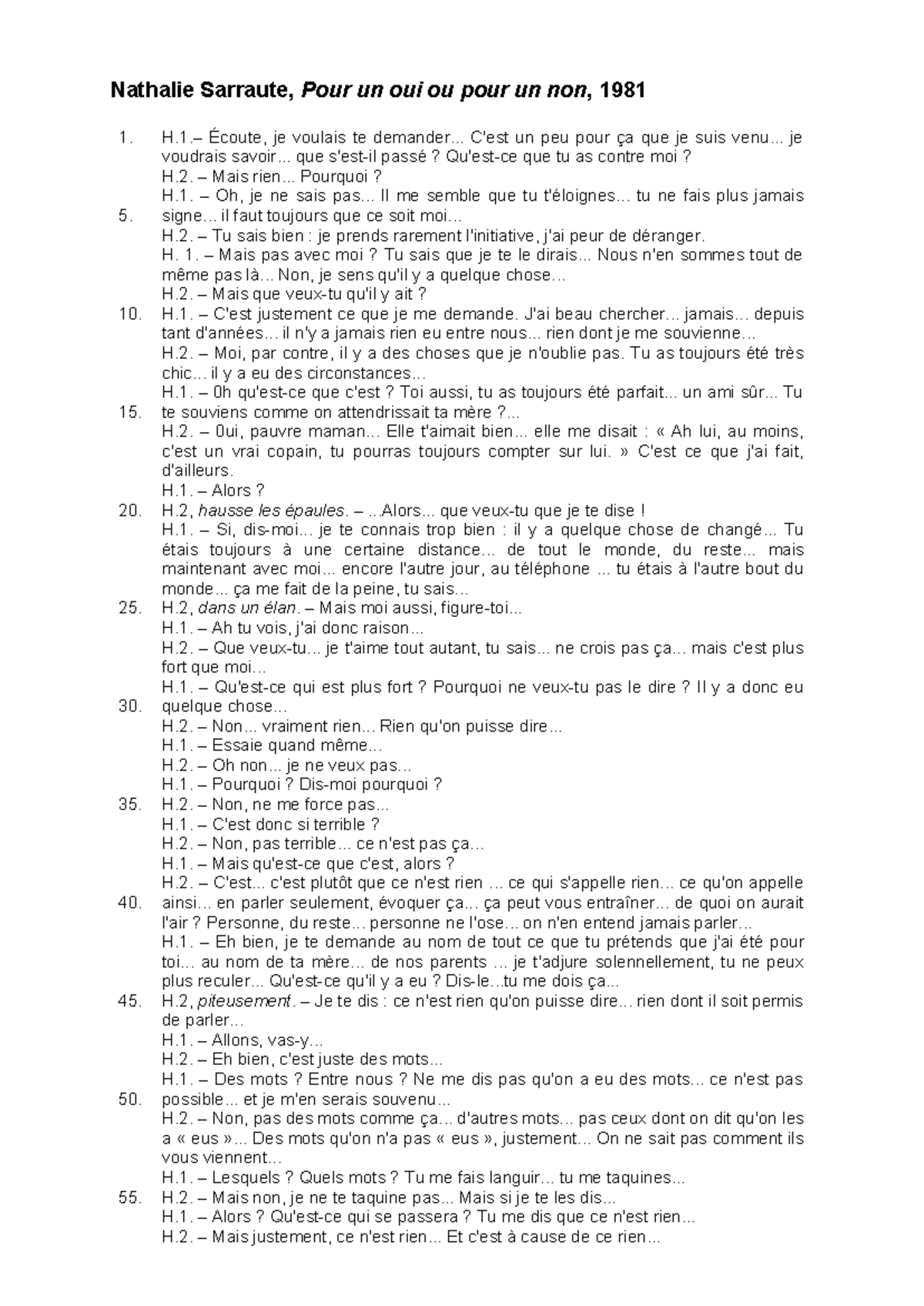 TX1 - Analyse Linéaire de "Pour un oui ou pour un non" de Nathalie ...