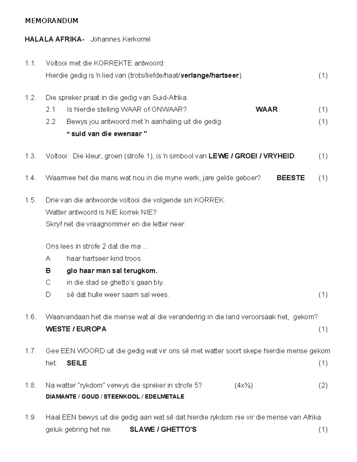 Gedig 6 Halala Afrika Antwoorde - Studie Memorandum - Studocu