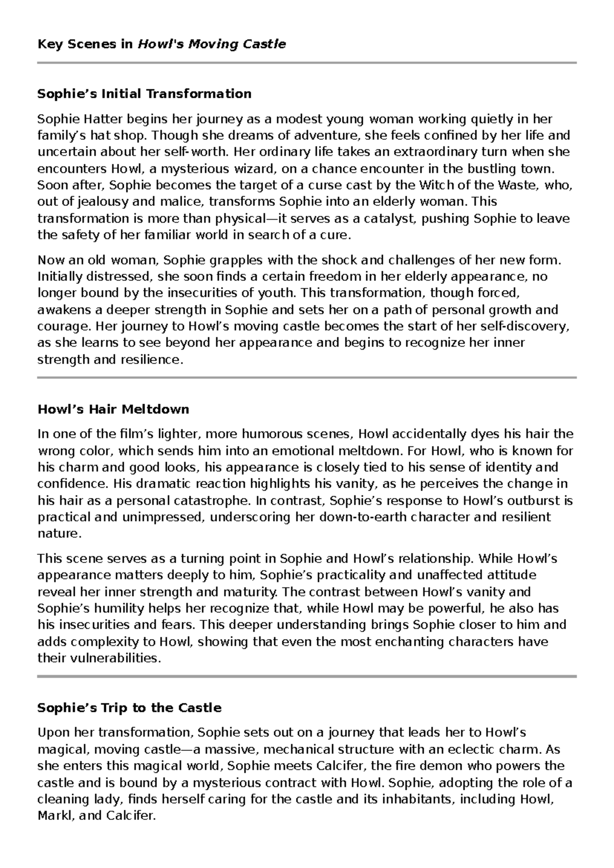 HMC - Key Scenes Analysis and Worksheet for Moving Castle - Studocu