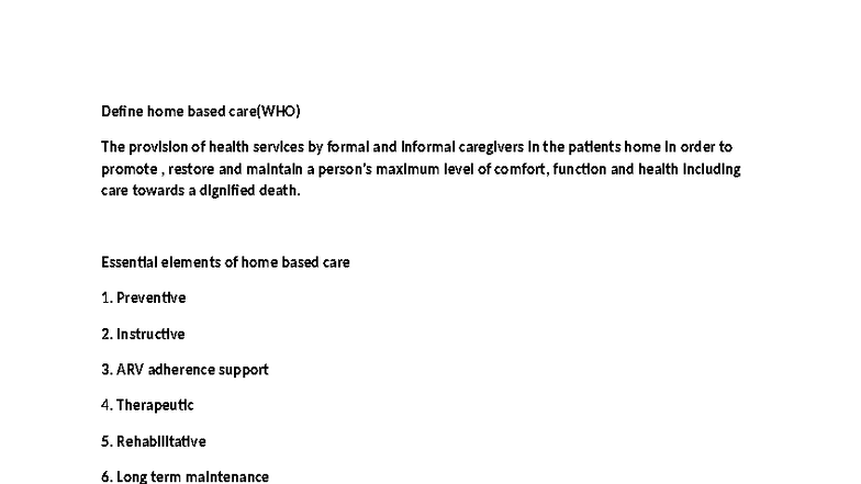 Home Based Care Overview (WHO) - Key Elements & Principles - Studocu