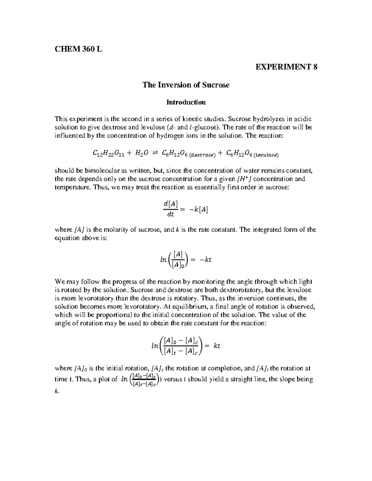 CHEM 360 L: Lab 8 - Inversion of Sucrose Experiment Handout - Studocu