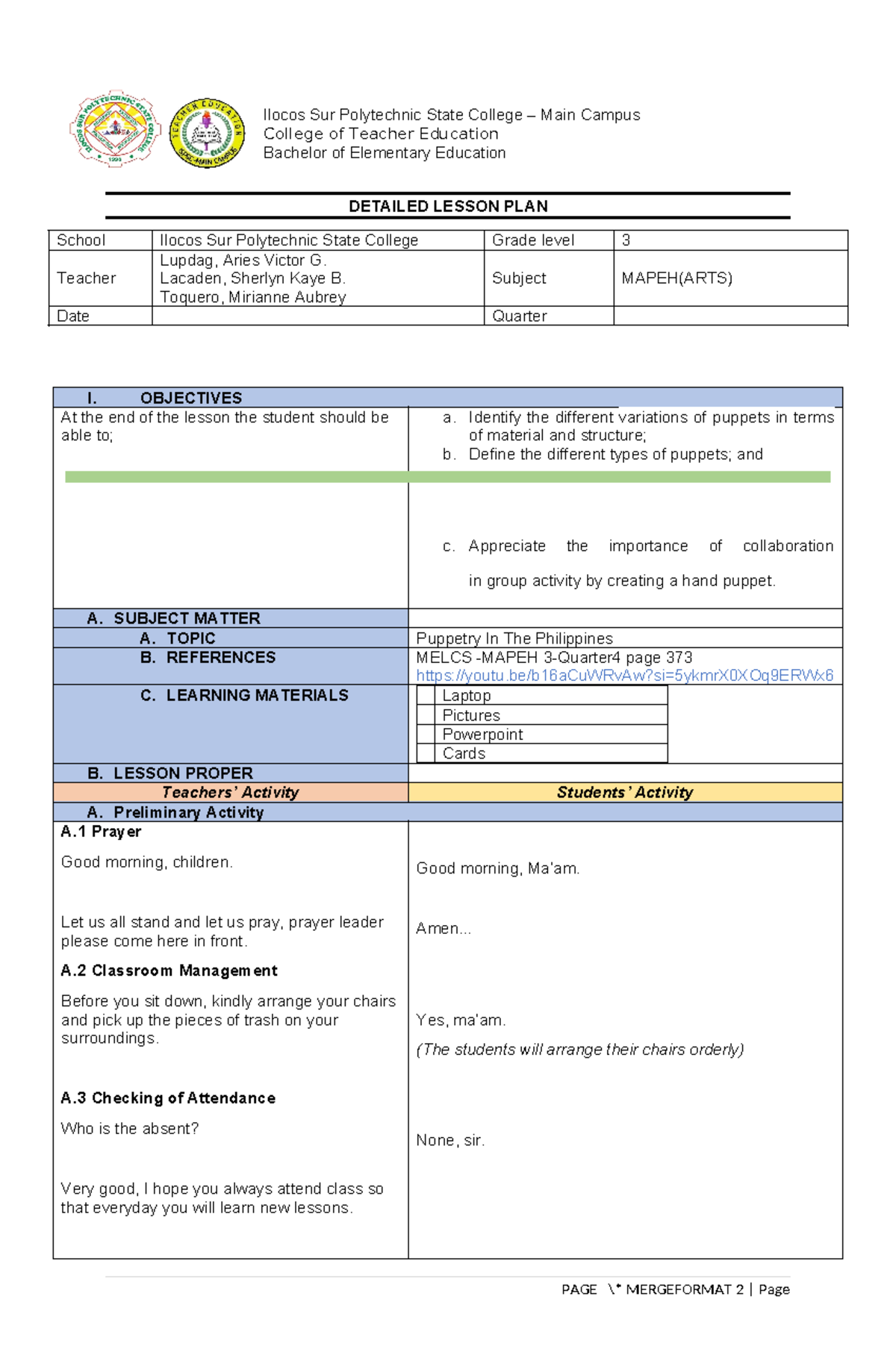 2 Template of Lesson Plan 2 - Ilocos Sur Polytechnic State College – Main Campus College of ...