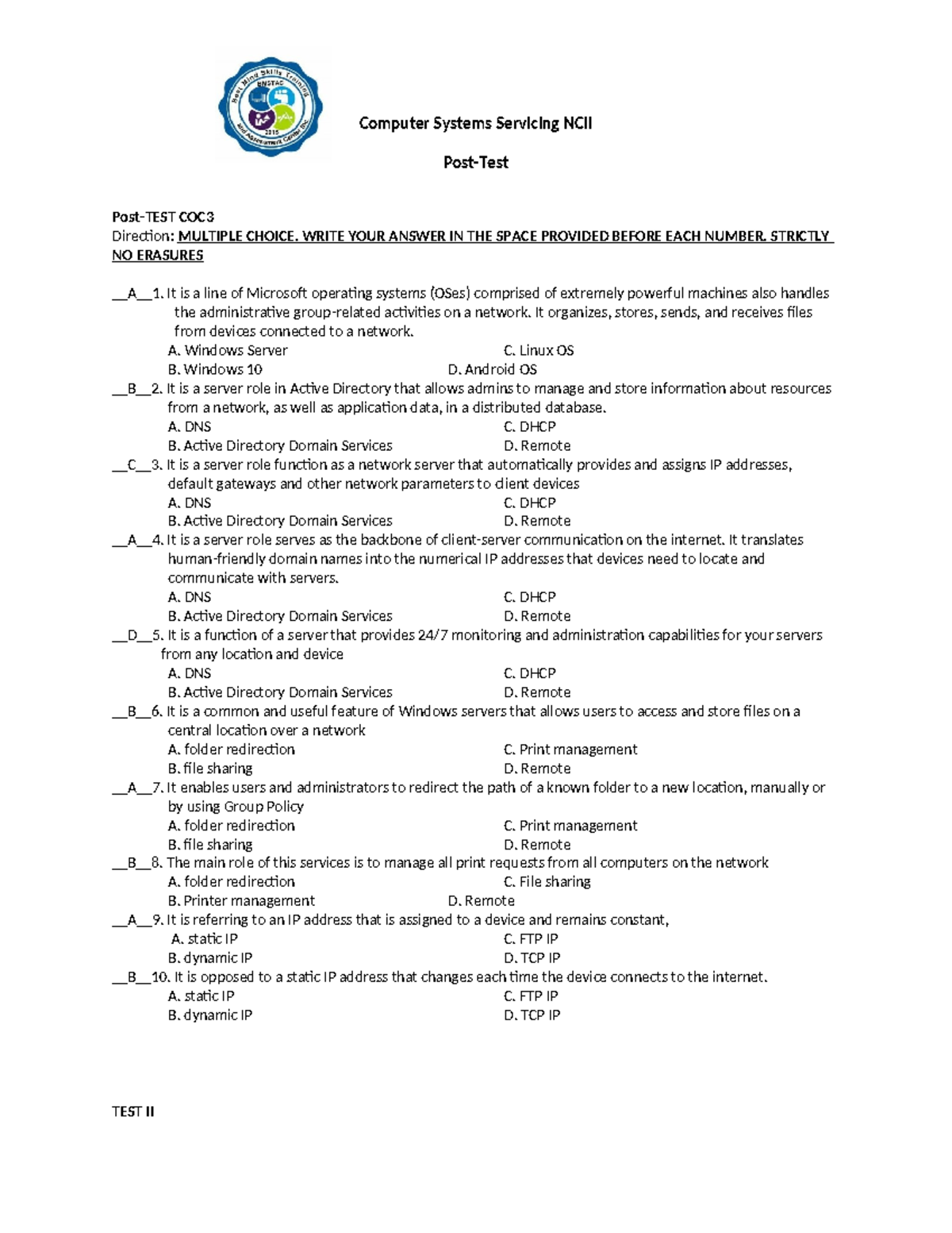 Computer Systems Servicing NCII COC3 Multiple Choice Exam - Studocu