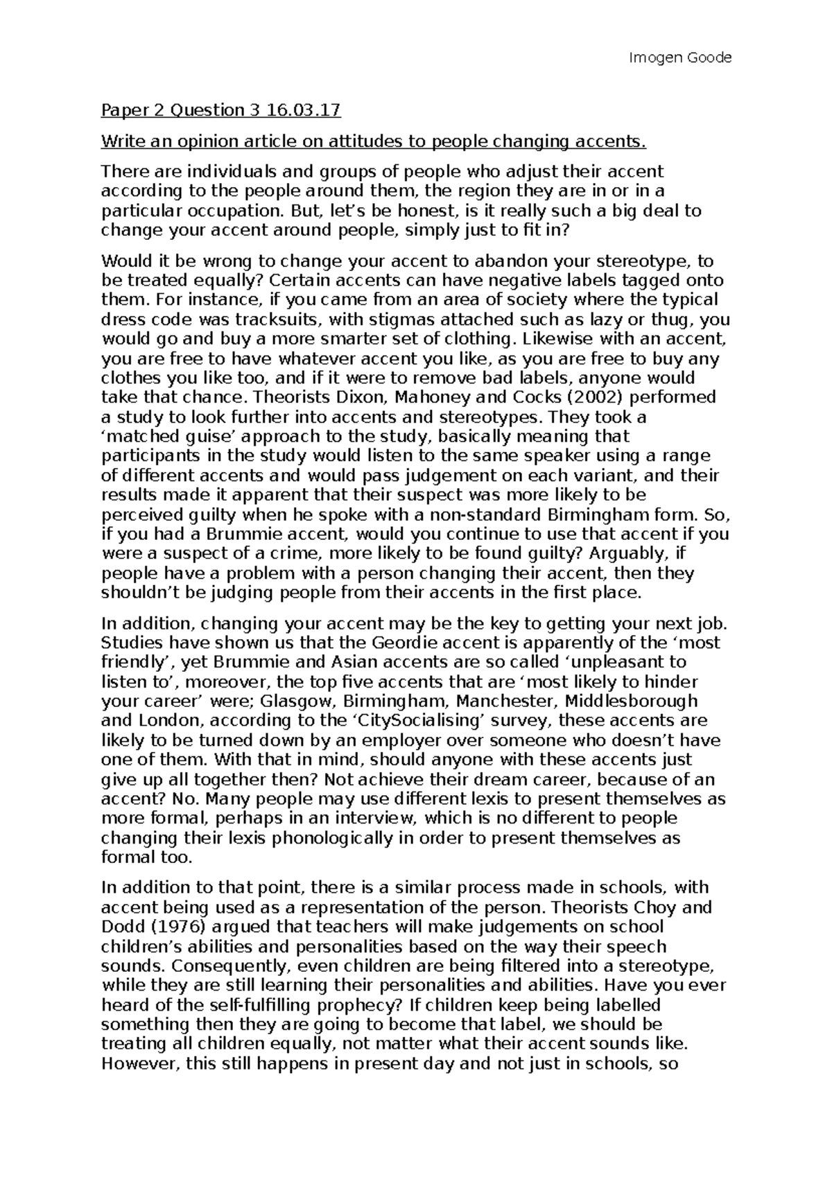 Opinion Article: Attitudes Towards Changing Accents in Society - Studocu