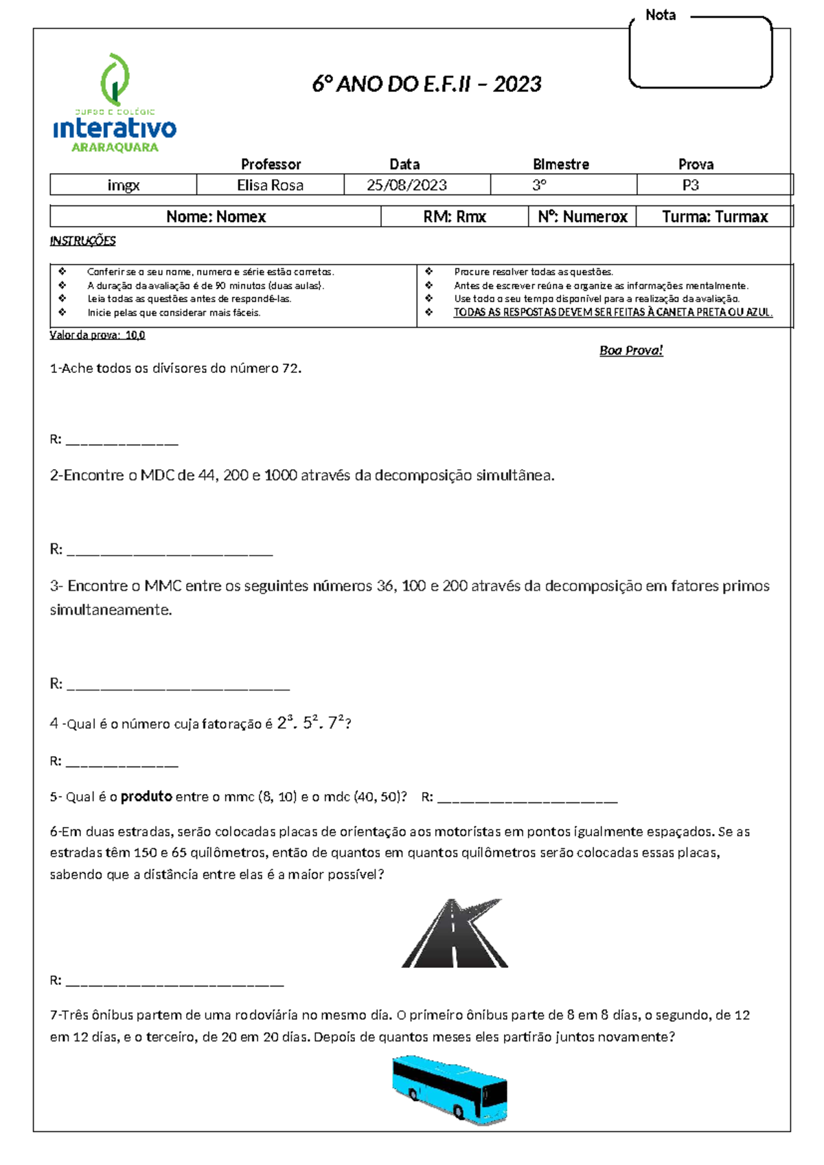 Prova P3 - 6º Ano - 3º Bimestre - Matemática 2023 - Studocu