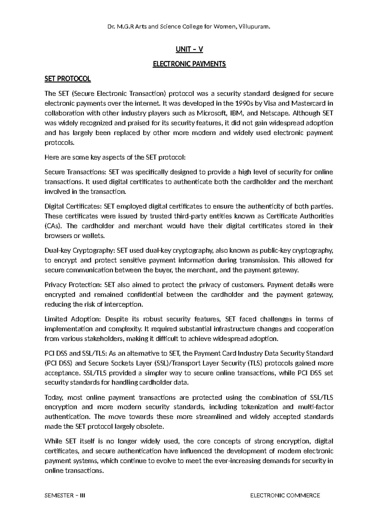 UNIT V: Electronic Payments and SET Protocol in E-Commerce - Studocu