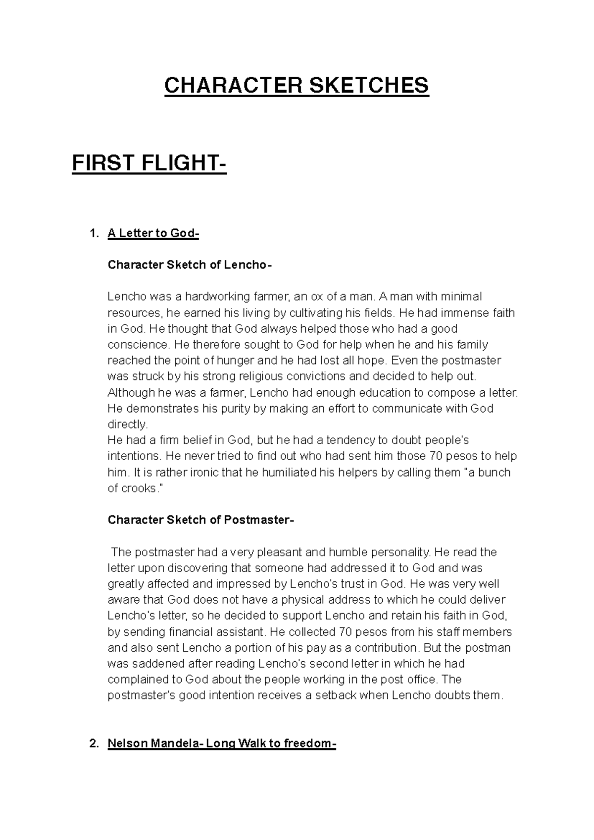 Character Sketches for First Flight (ENG101) - Studocu