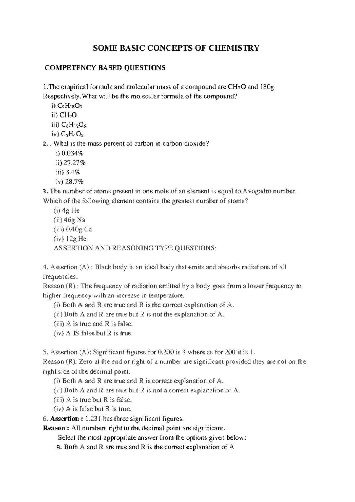 Chapter 1 CBQ Physics - SOME BASIC CONCEPTS OF CHEMISTRY COMPETENCY BASED QUESTIONS 1 empirical ...