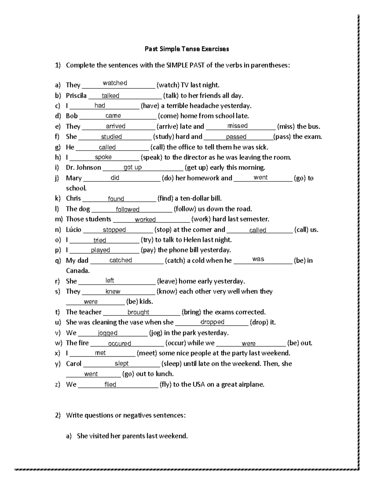 Past Simple Tense Practice Exercises and Questions - Studocu
