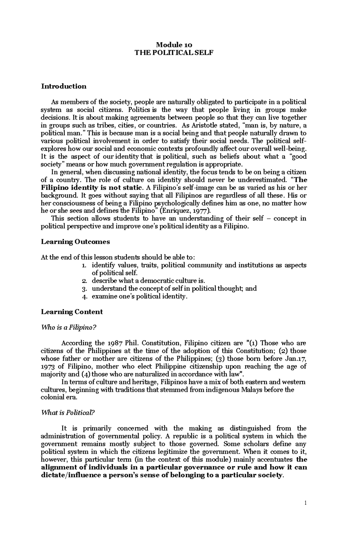 Module 10: Exploring the Political Self and Filipino Identity - Studocu