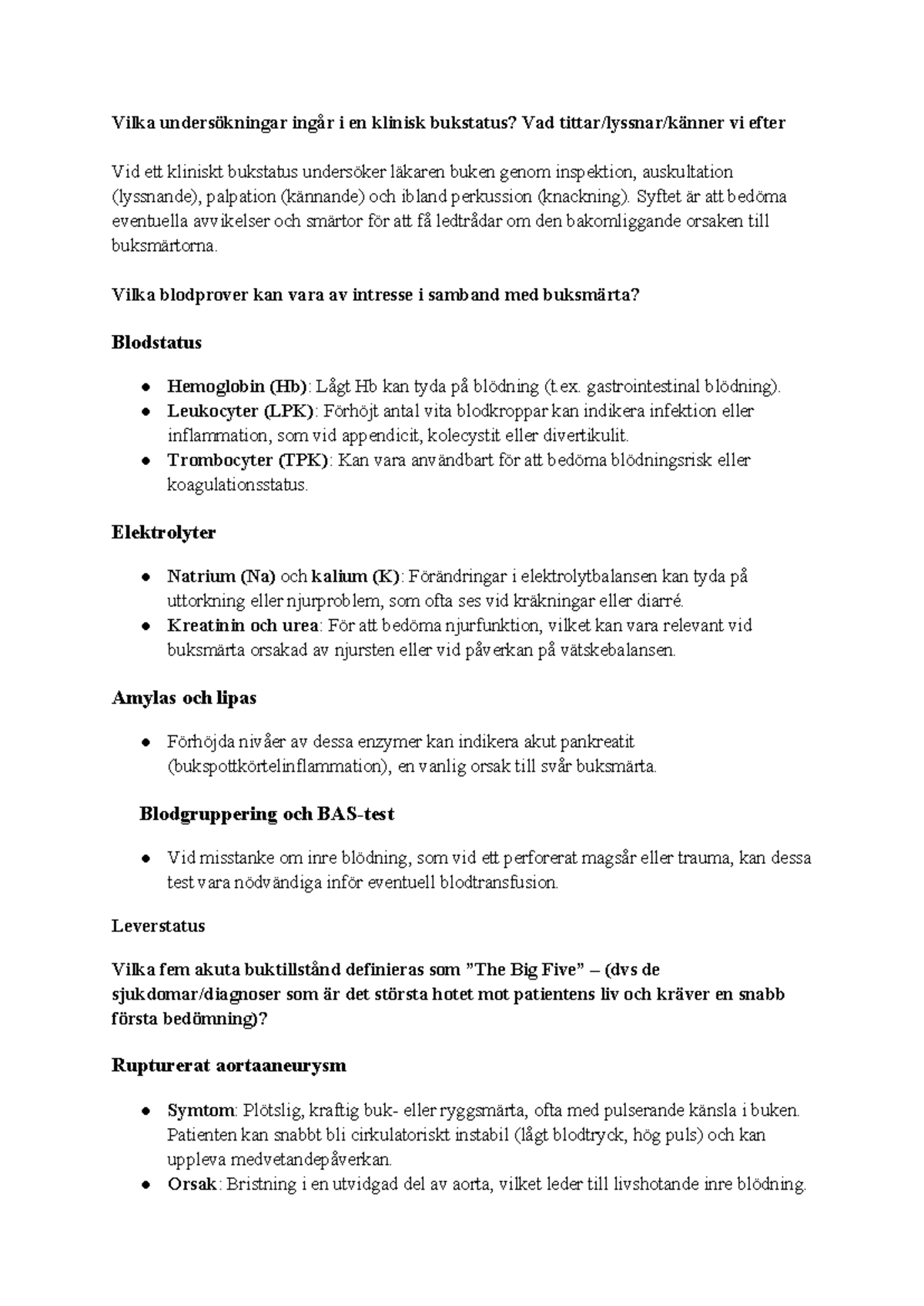 Akutsjukvård: Klinisk Bukstatus och Big Five Akuta Buktillstånd - Studocu