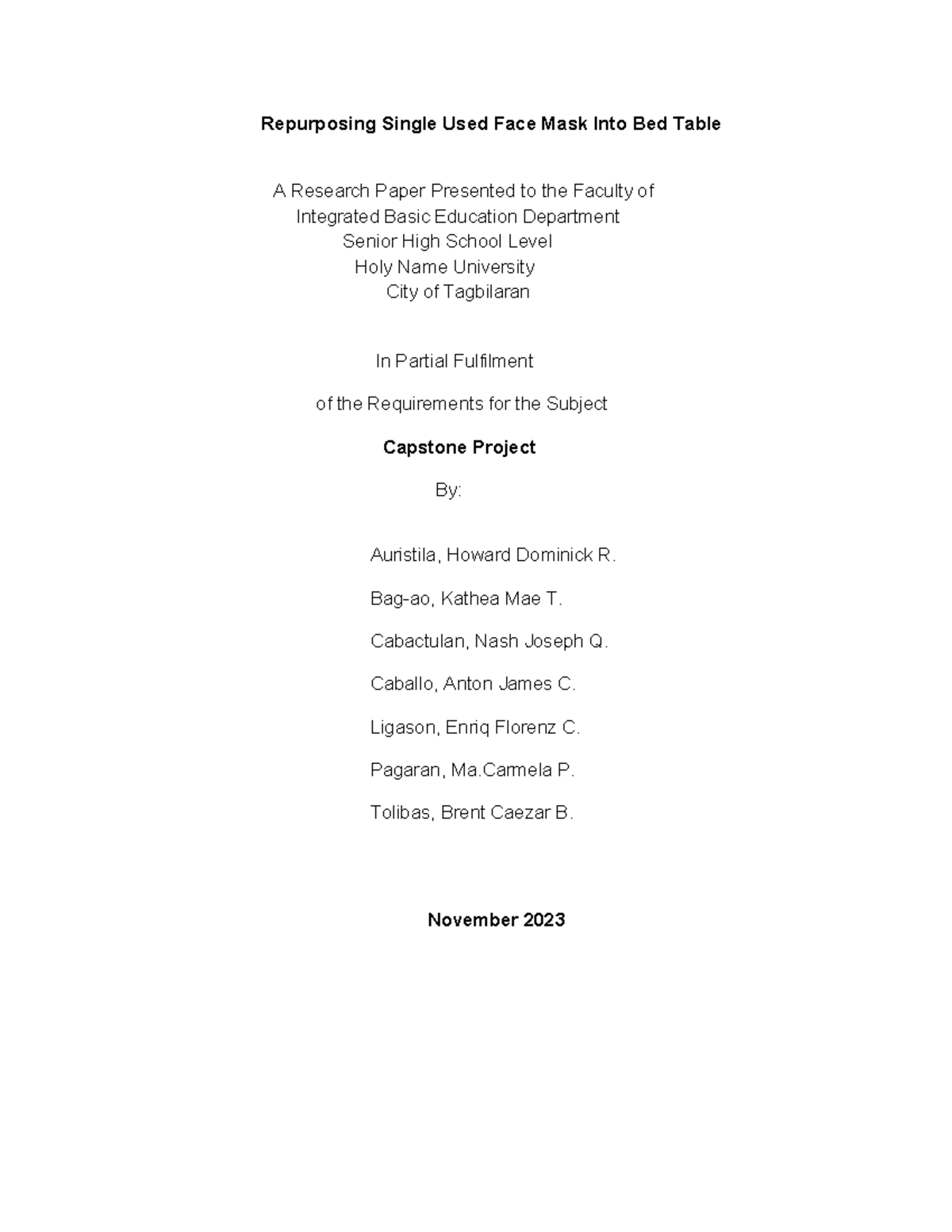 Grade 12 Capstone Project: Repurposing Used Face Masks into Bed Tables ...