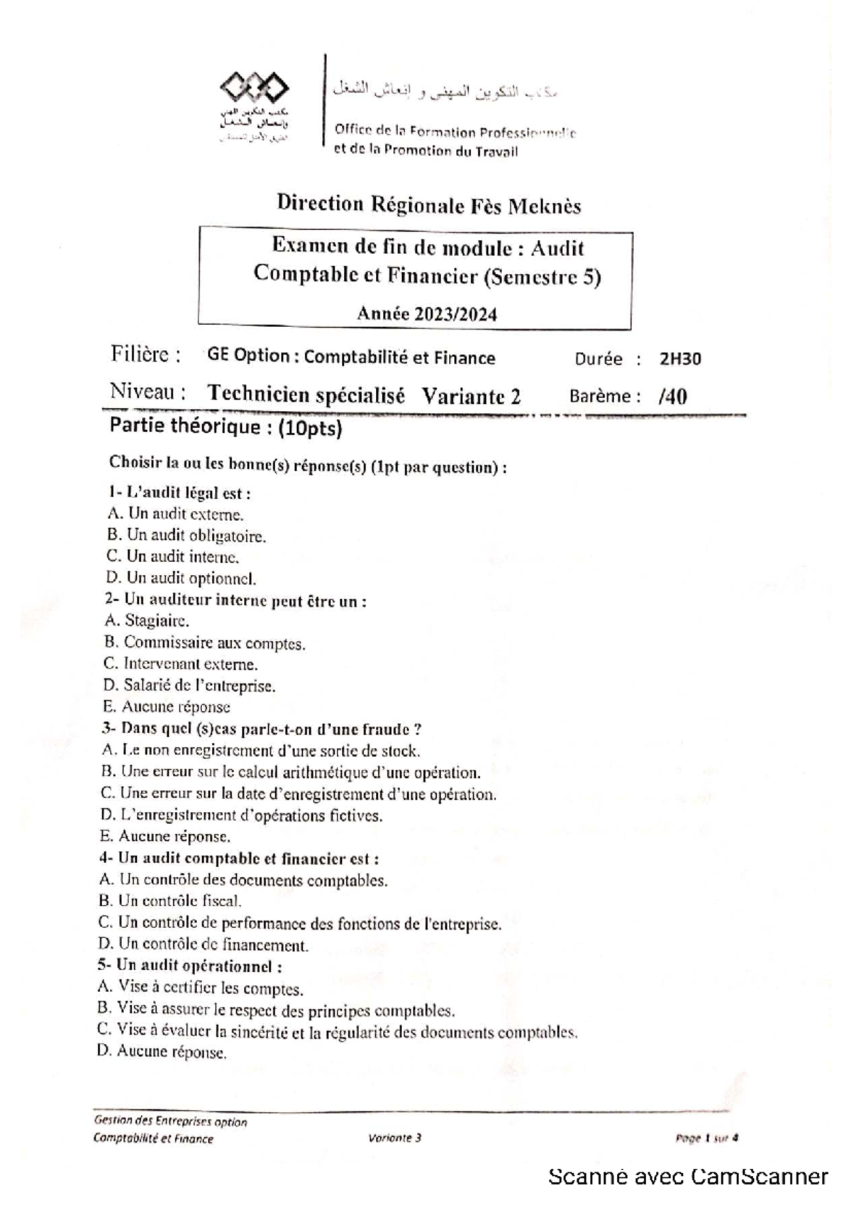 Examen de Fin de Module : Audit Comptable et Financier (GE) - Studocu