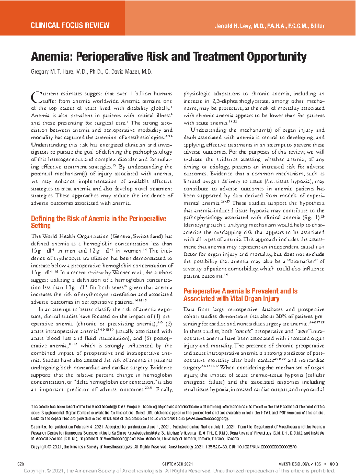 Anemia perioperative risk and treatment - CliniCal FoCus Review 520 ...