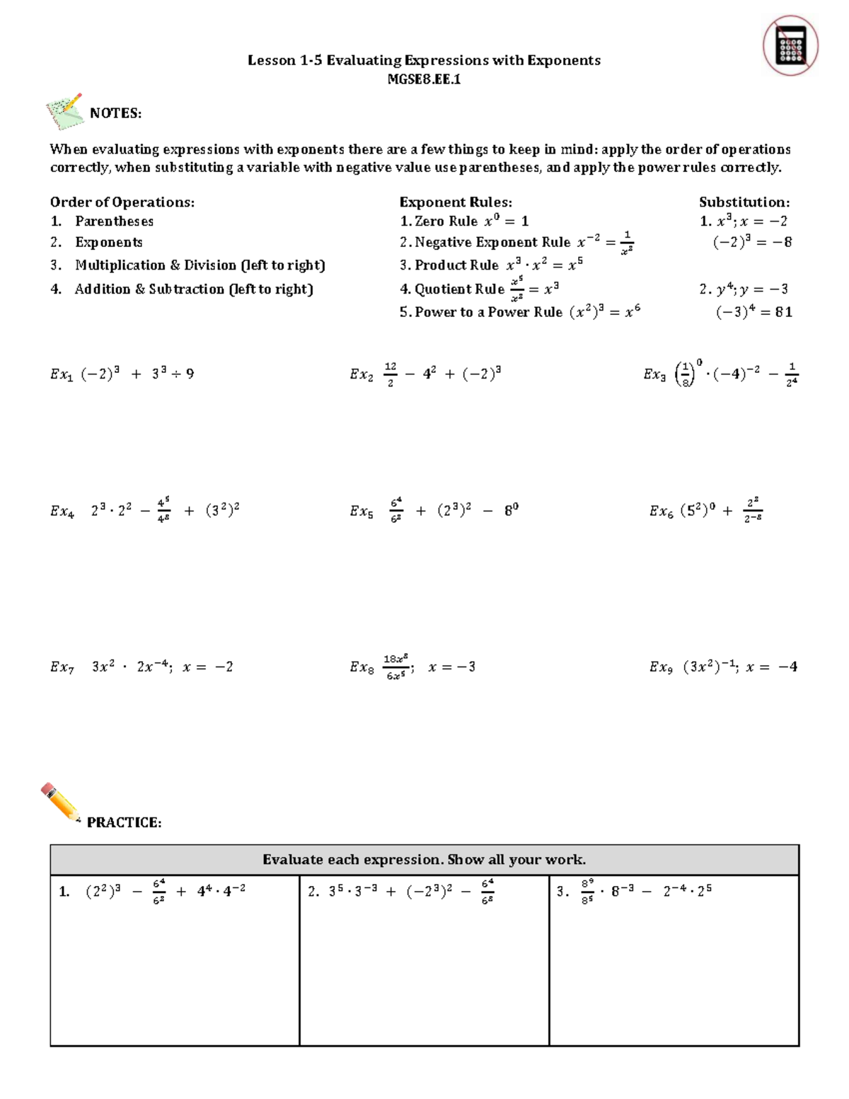 Lesson 1-5 Evaluating Expressions with Exponents MGSE8.EE.1 - Studocu