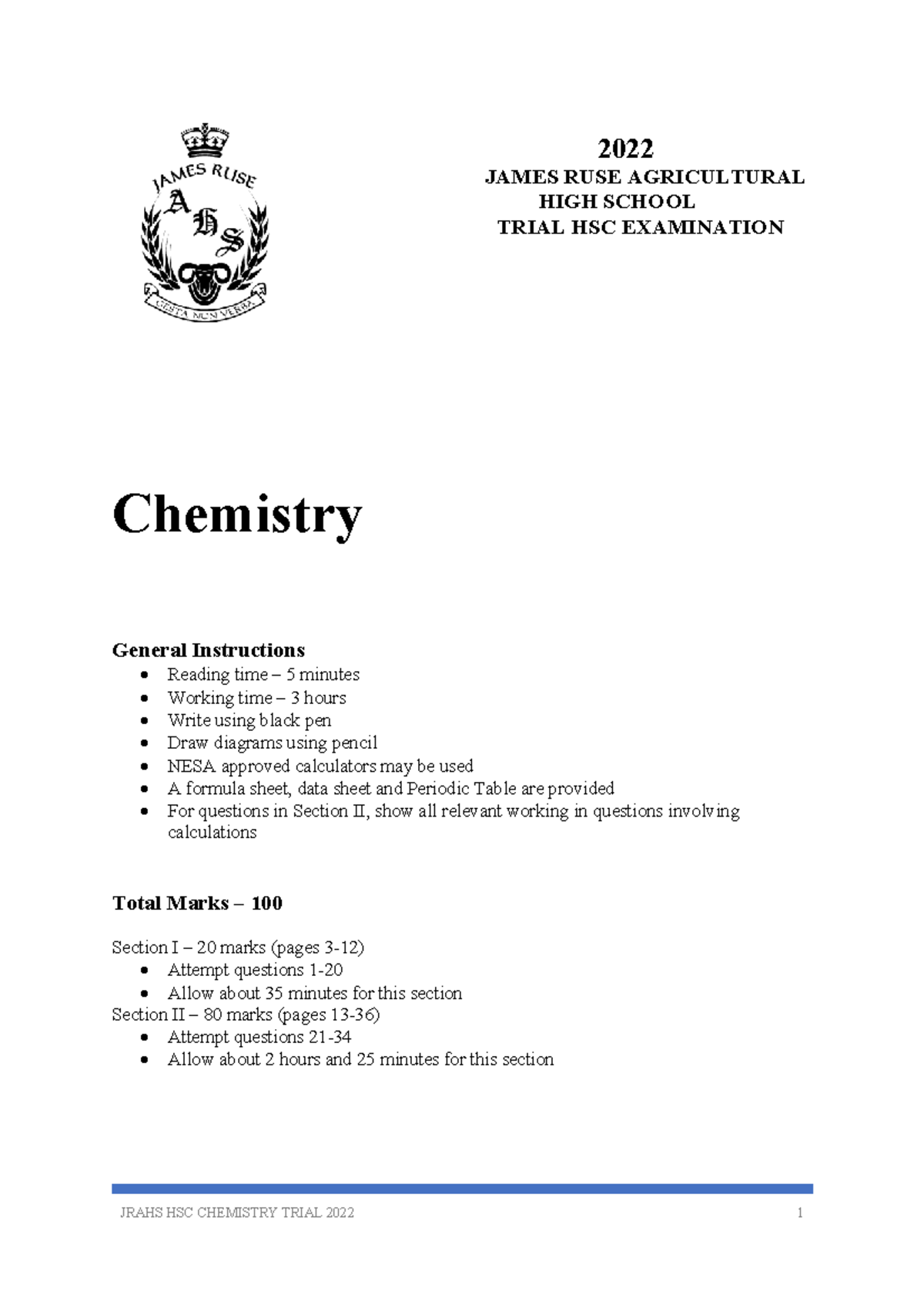 2022 JRAHS HSC Chemistry Trial Examination Paper - Studocu