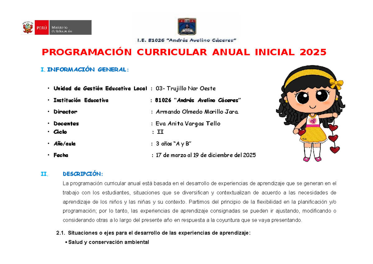 Programación Curricular Anual Inicial 2025 - Unidad Educativa 81026 ...