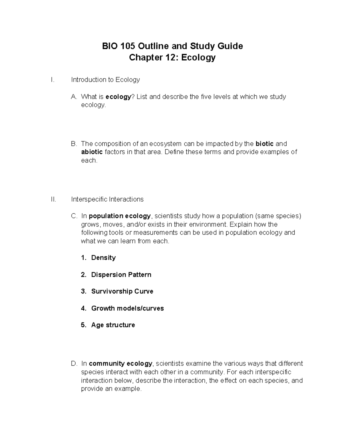 BIO 105 Final Exam Study Guide: Chapter 12 Ecology Overview - BIO 105 ...