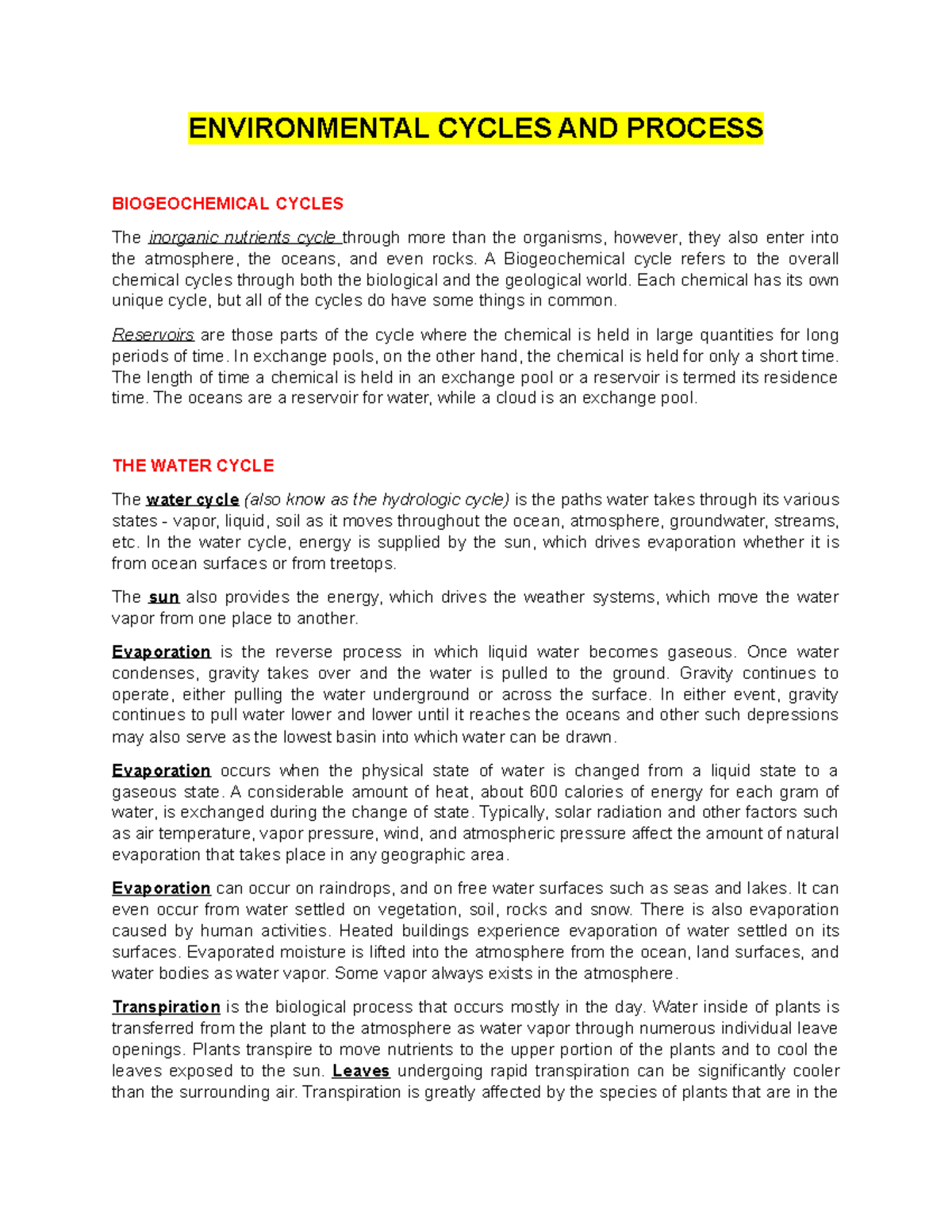 Environmental Cycles & Processes: Biogeochemical Insights - Studocu