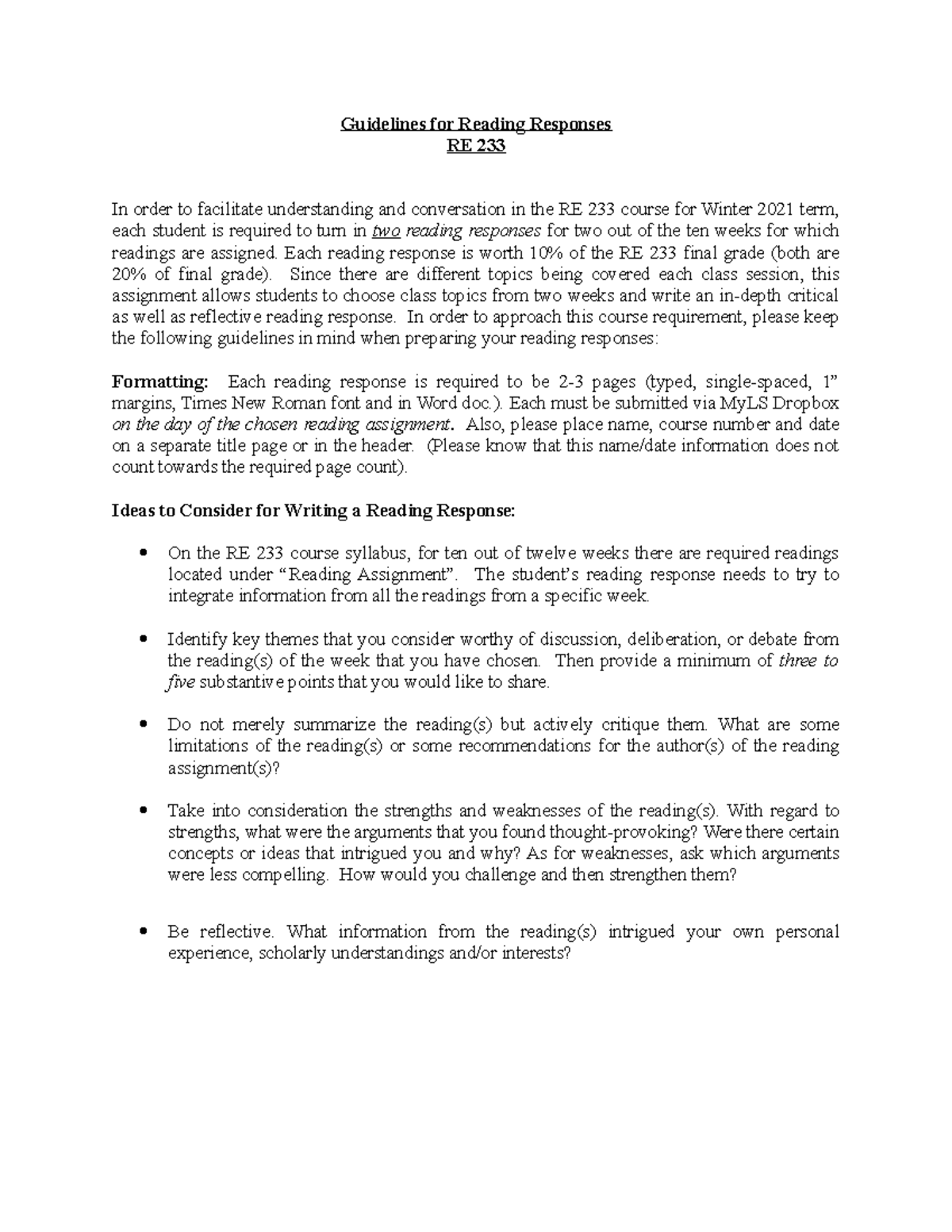 Reading Response - Guidelines for Reading Responses RE 233 In order to ...