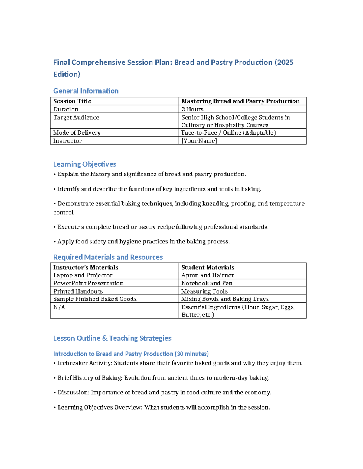 Mastering Bread and Pastry Production Session Plan 2025 - Studocu