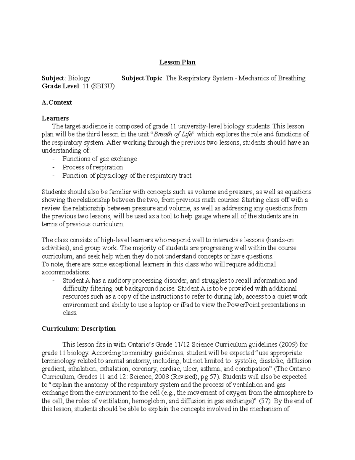 SBI3U Lesson Plan: Mechanics of Breathing in Respiratory System - Studocu