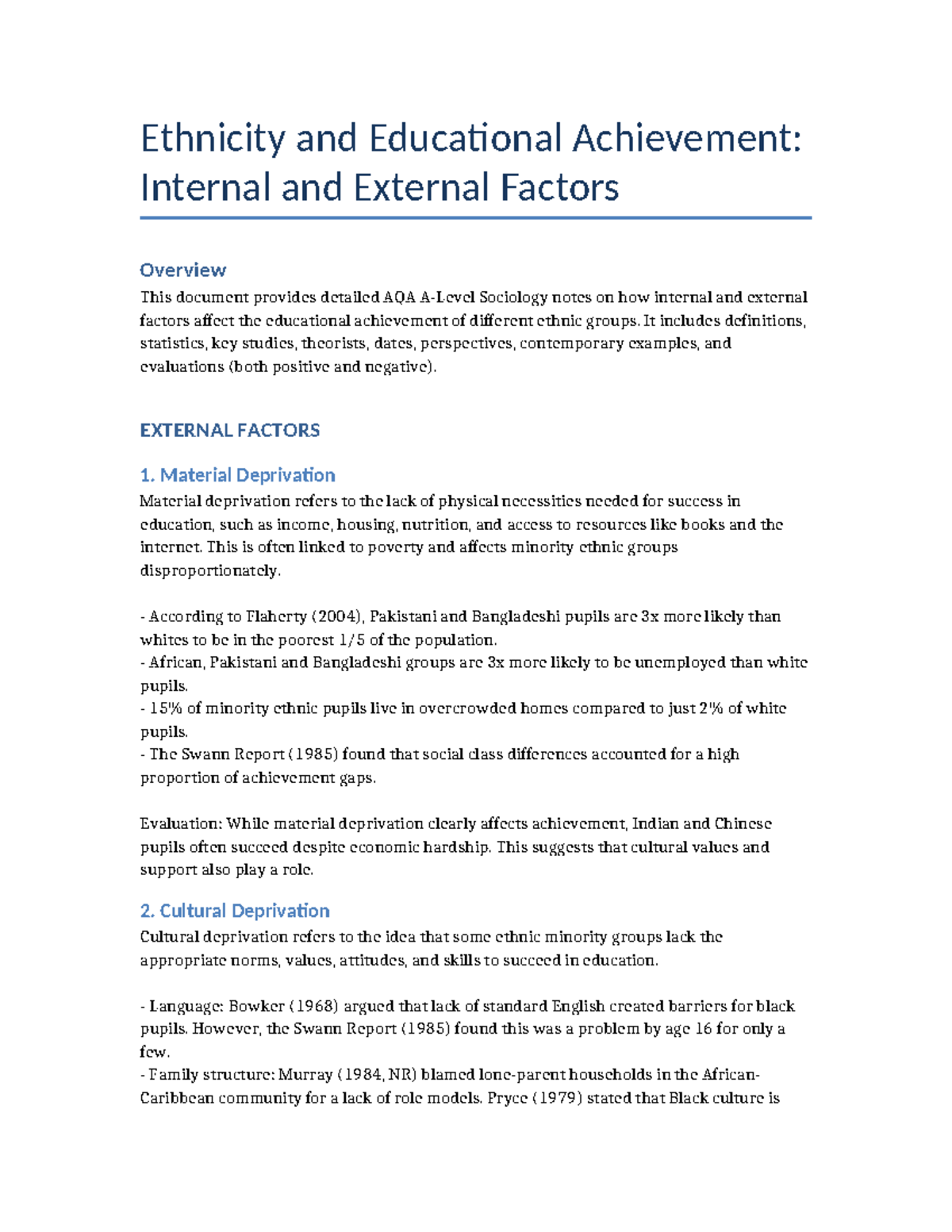 AQA Sociology: Ethnicity & Educational Achievement Overview Notes - Studocu