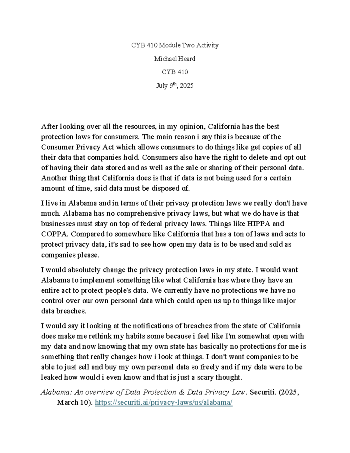 CYB 410 Module Two Activity: Data Protection Laws Comparison - Studocu