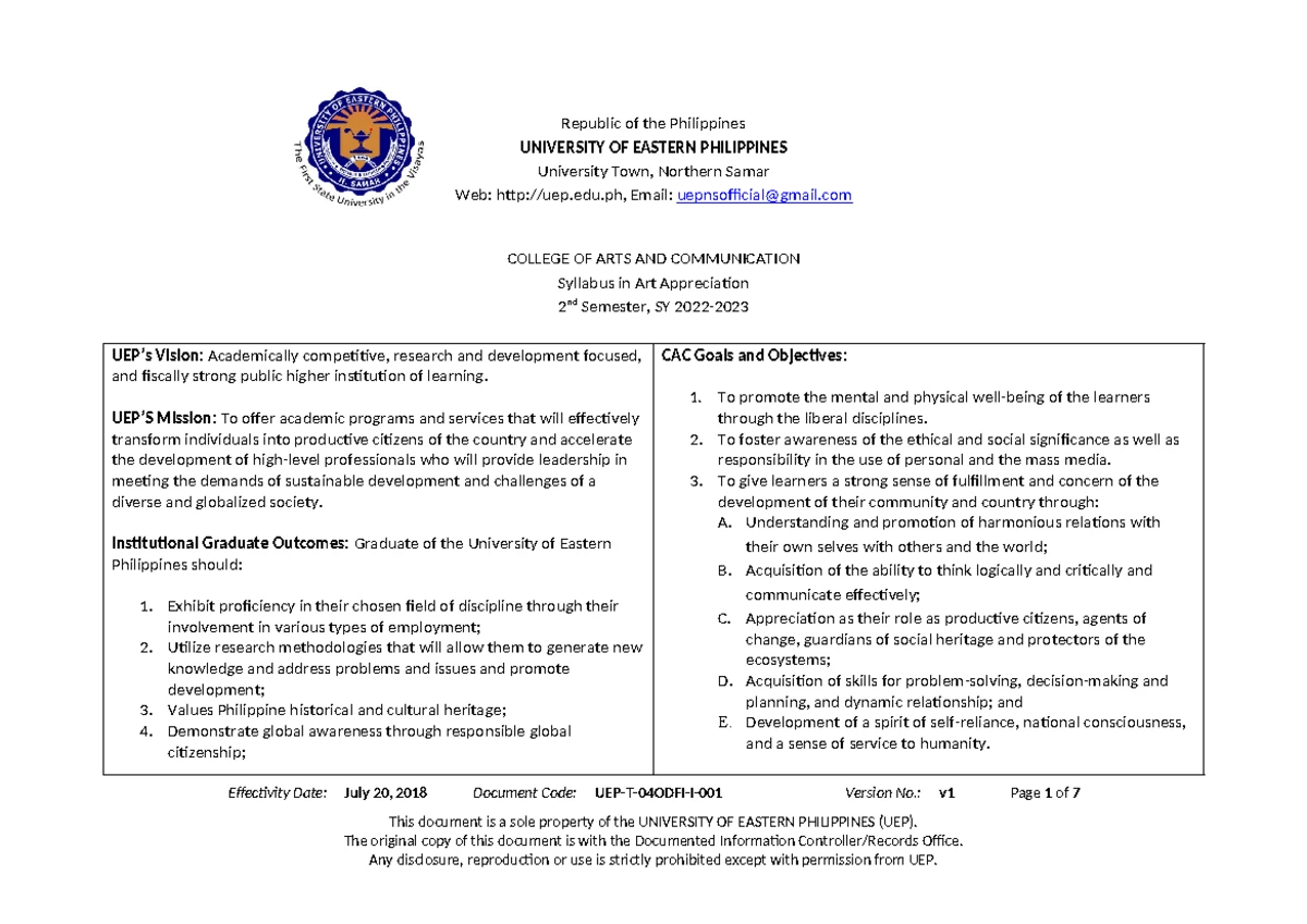 GE 6 Art Appreciation Syllabus for 2nd Sem, SY 2023-2024 - Studocu