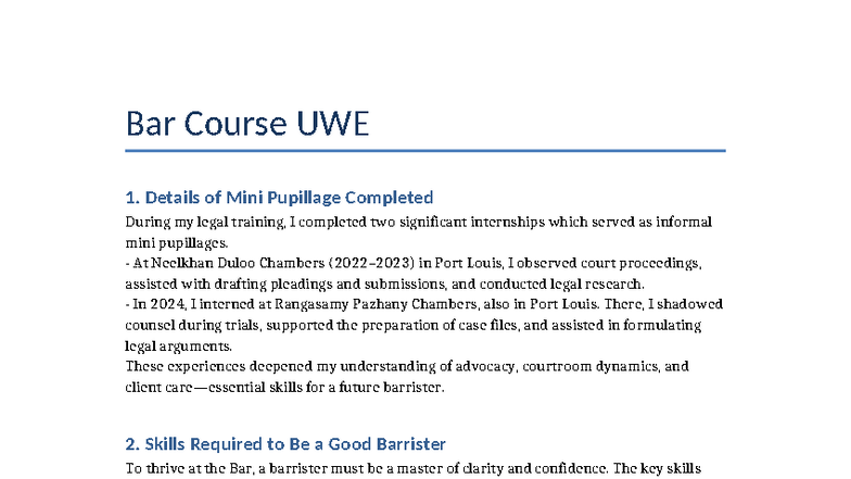 UWE Bar Course: Mini Pupillage Insights and Advocacy Skills - Studocu