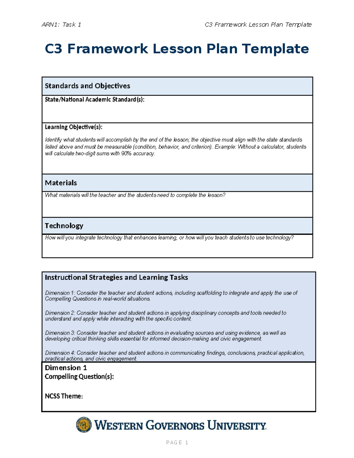 ARN1: C3 Framework Lesson Plan Template for Task 1 - Studocu