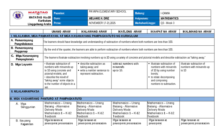 WEEK 3 Q3 MATH: Subtraction Concepts for Grade 1 - Studocu