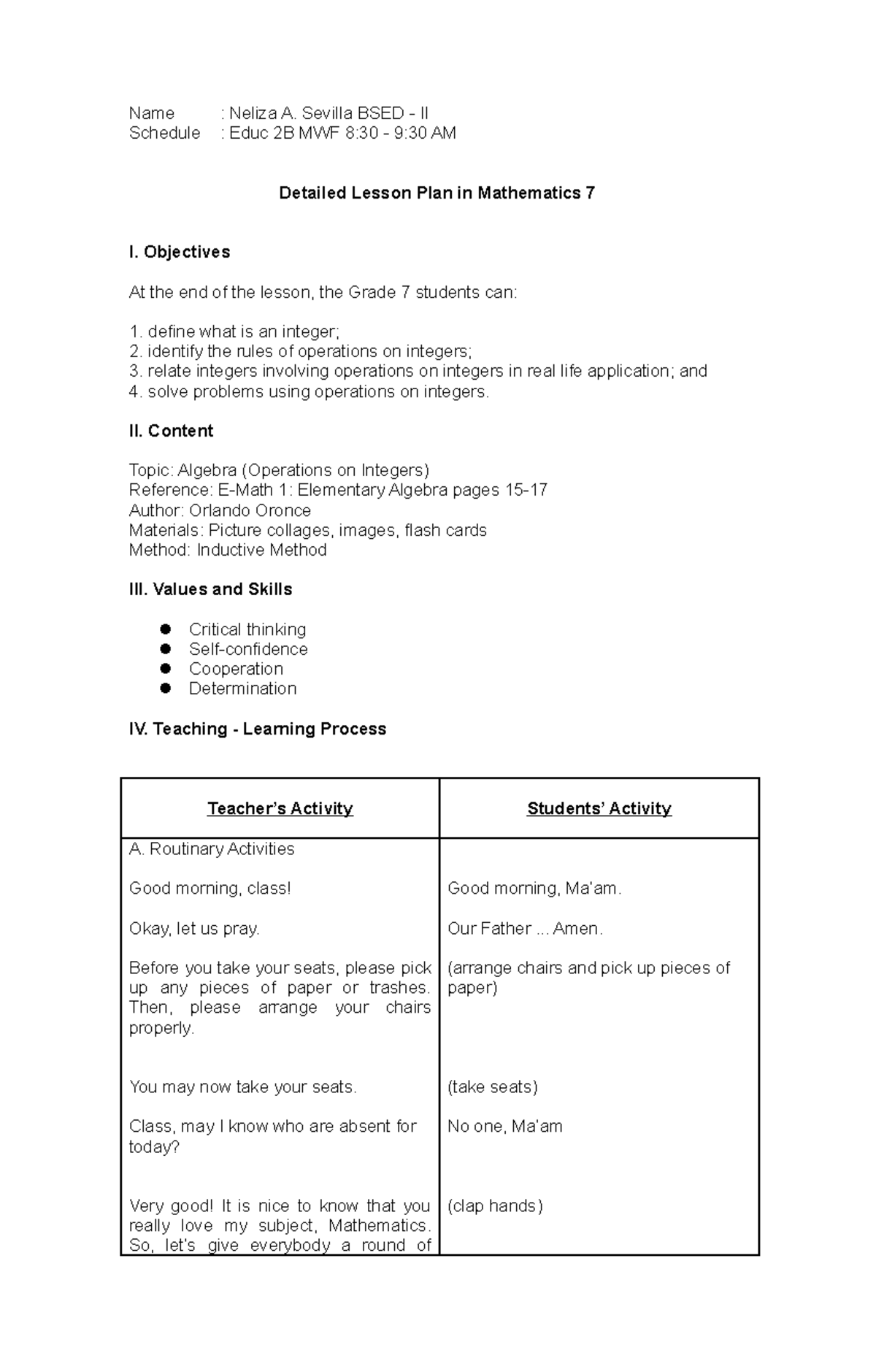 Detailed Lesson Plan for Math 7: Operations on Integers (Educ 2B) - Studocu