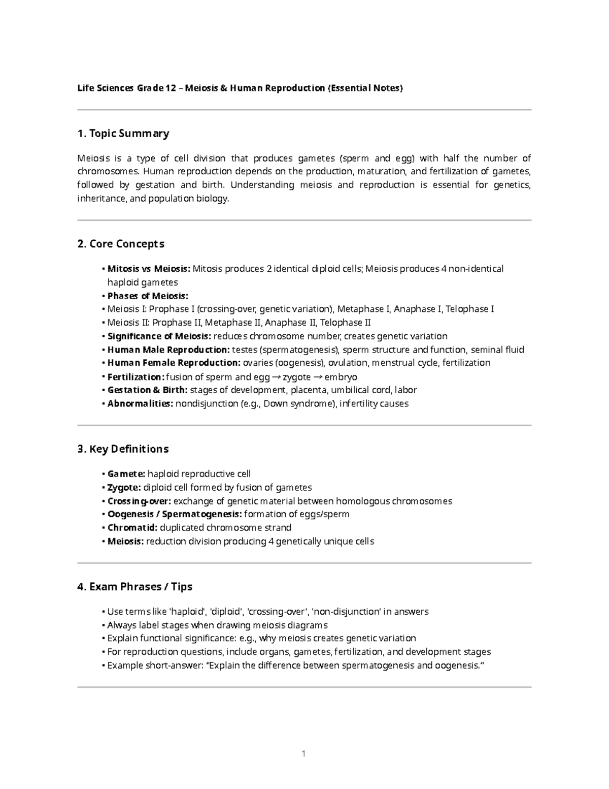 Life Sciences Grade 12 Meiosis & Human Reproduction Notes - Studocu