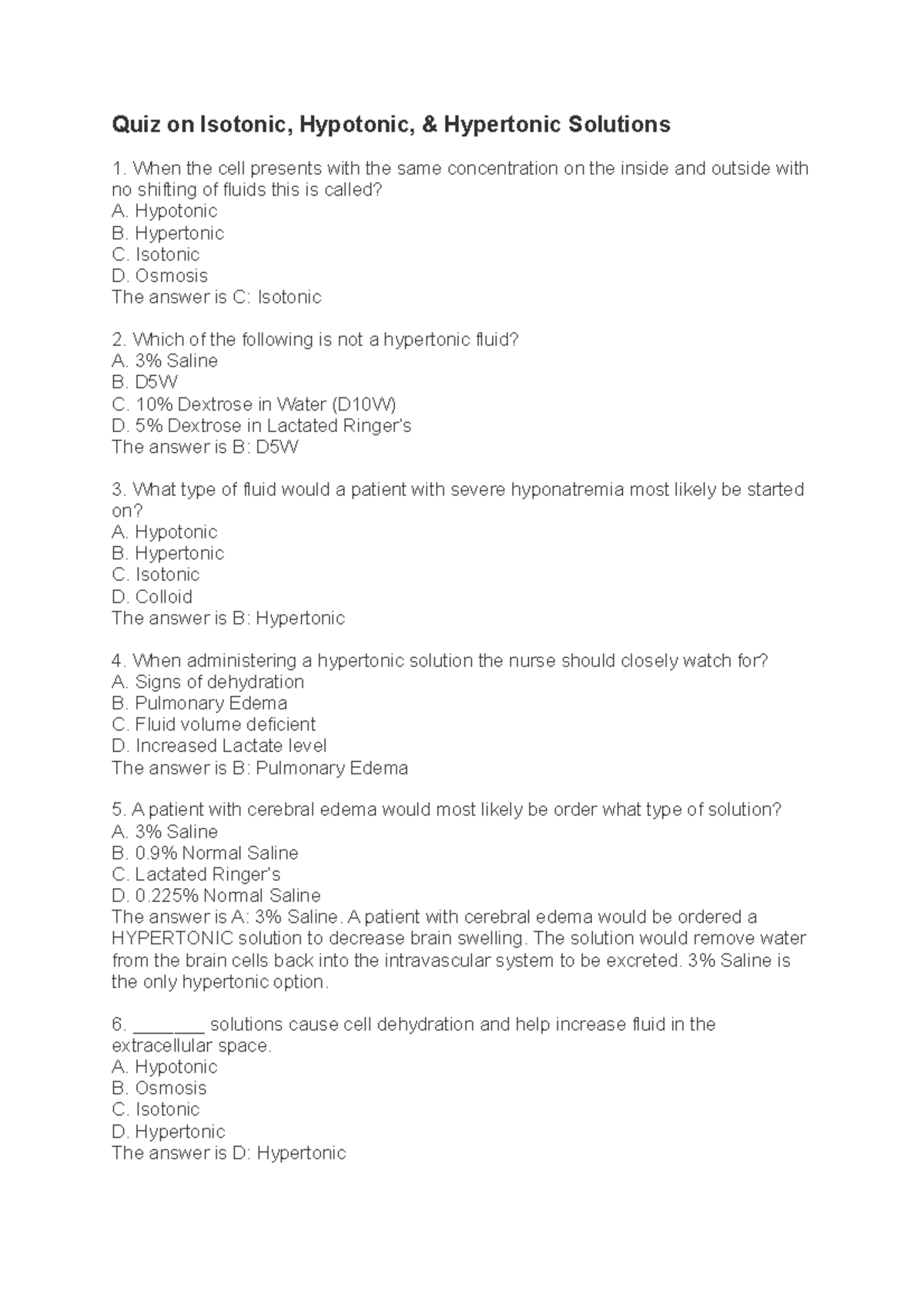Quiz on Isotonic, Hypotonic & Hypertonic Solutions (BIOL 101) - Studocu
