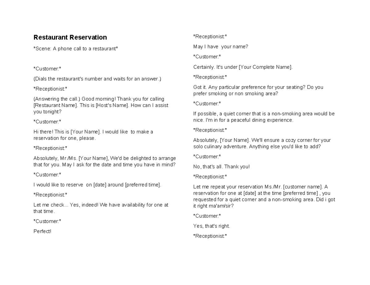Restaurant Reservation Script - Sample Dialogue - Studocu