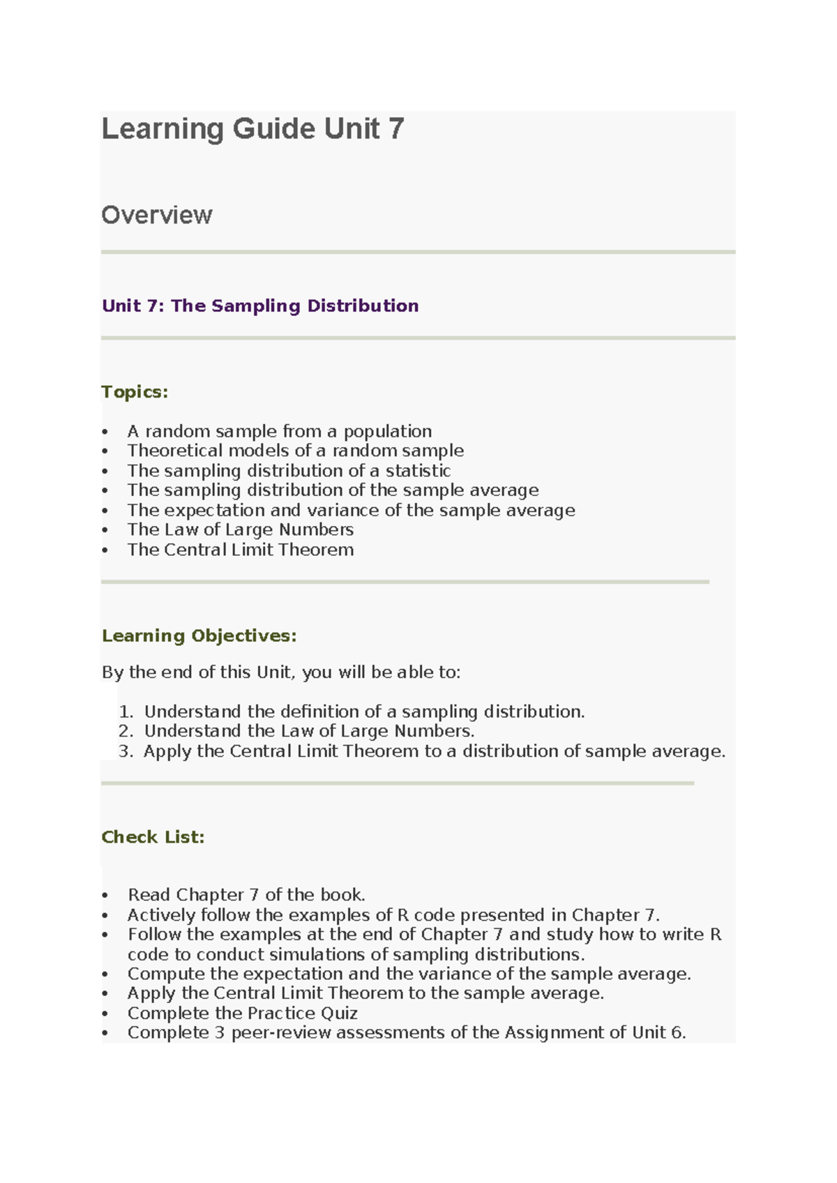 Learning Guide Unit 7: Overview of Sampling Distribution Concepts - Studocu
