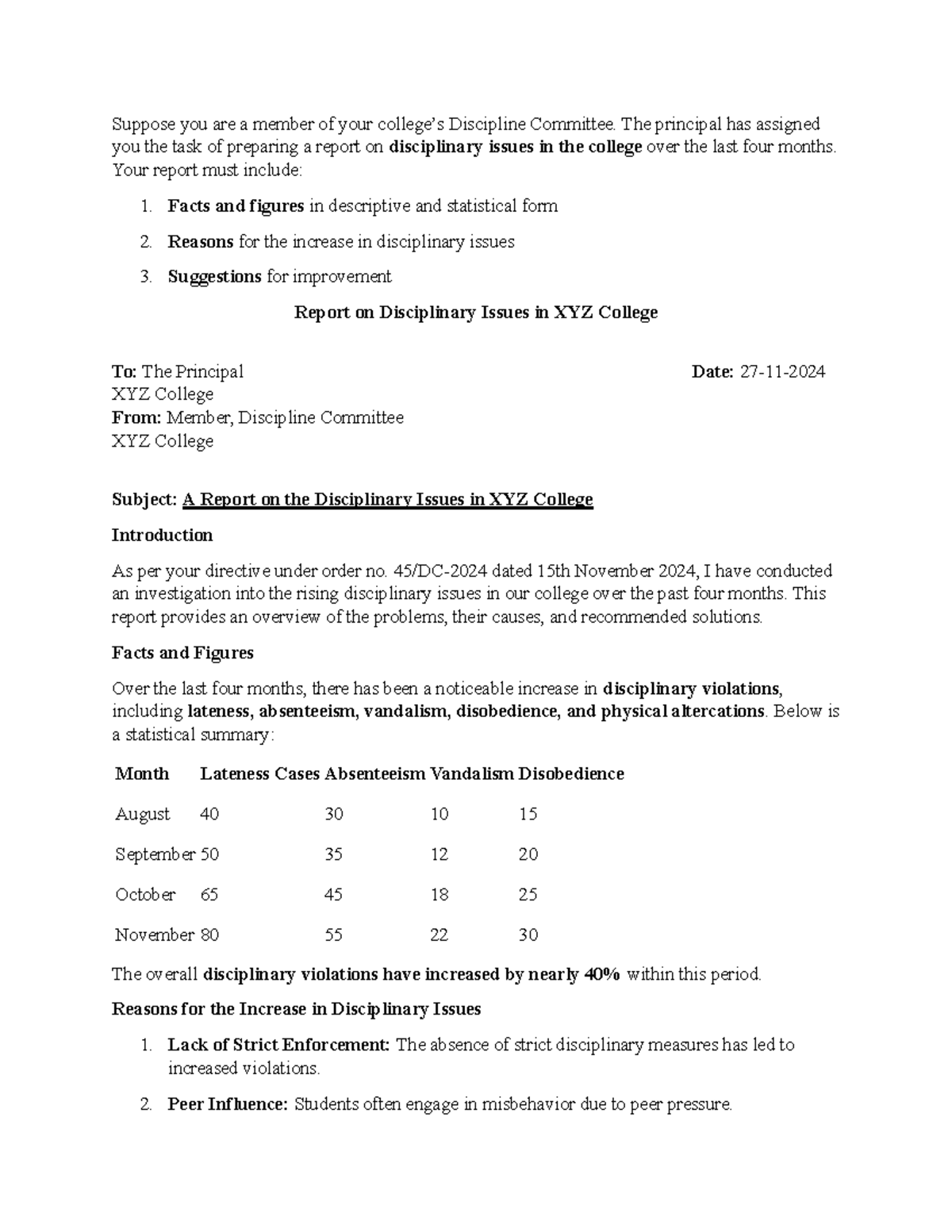 Report on Disciplinary Issues in XYZ College - Discipline Committee ...