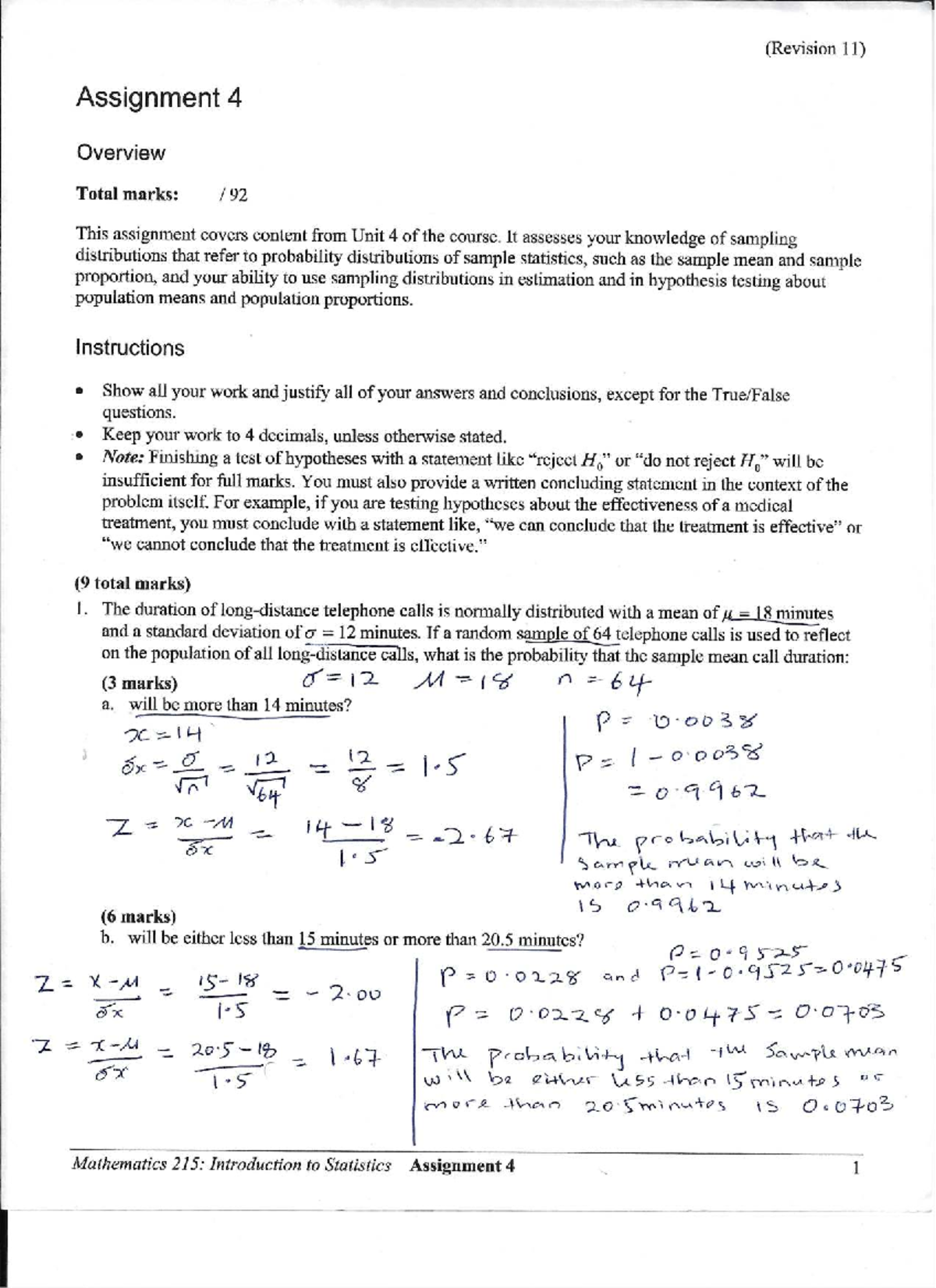 Mathematics 215: Assignment 4 Overview on Sampling Distributions - Studocu