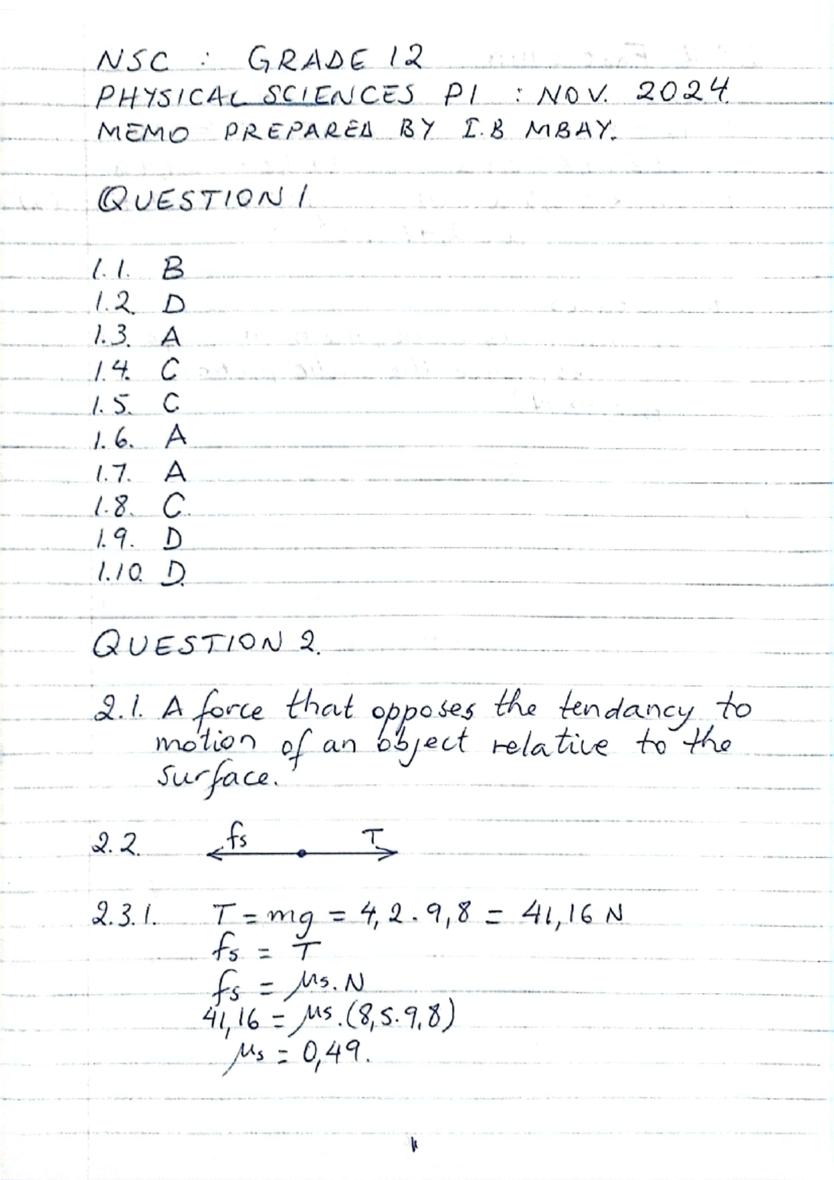 PHSC G12 NOV 2024 MEMO by I. Mbay - Physical Sciences Exam Insights ...
