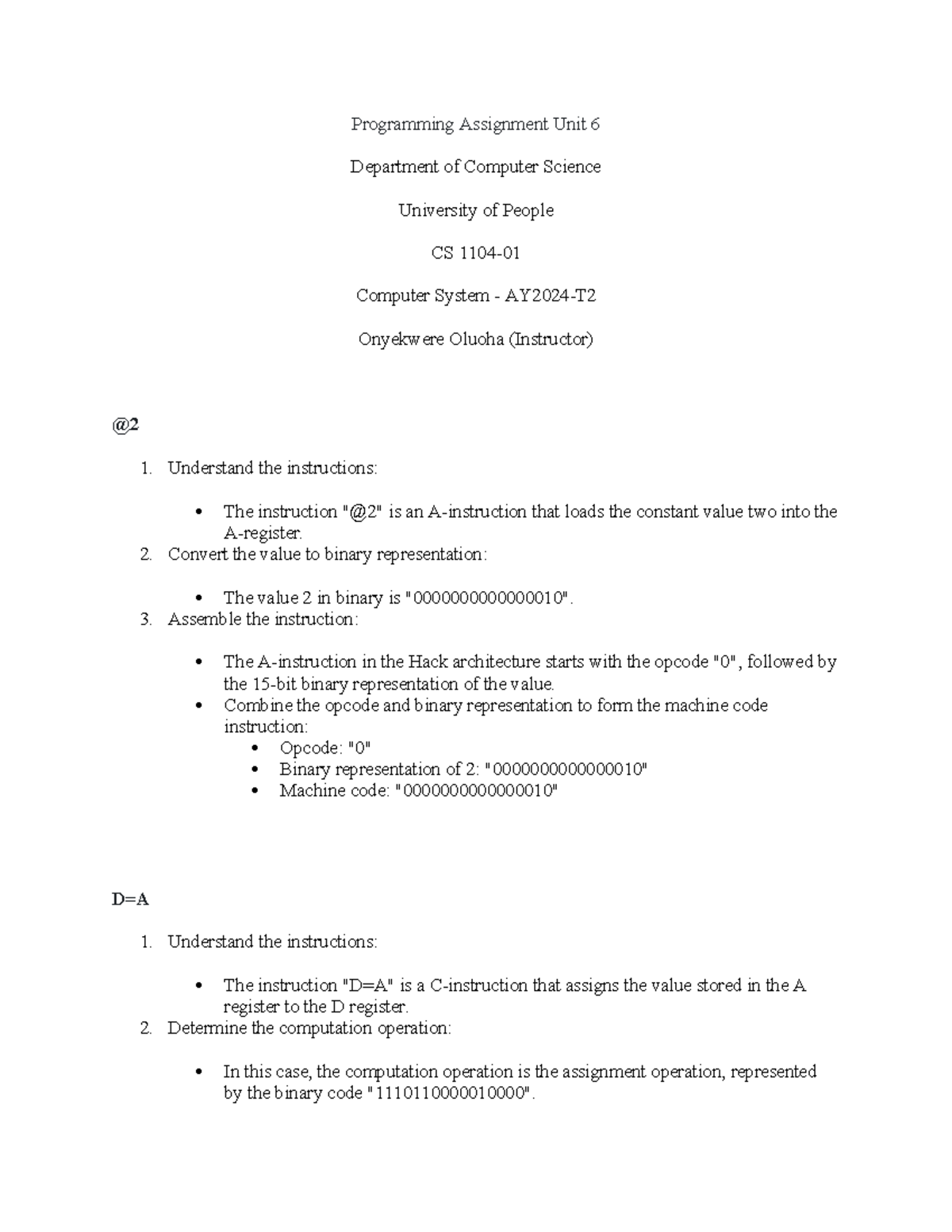 Programming assignment unit 6 - Programming Assignment Unit 6 Department of Computer Science ...