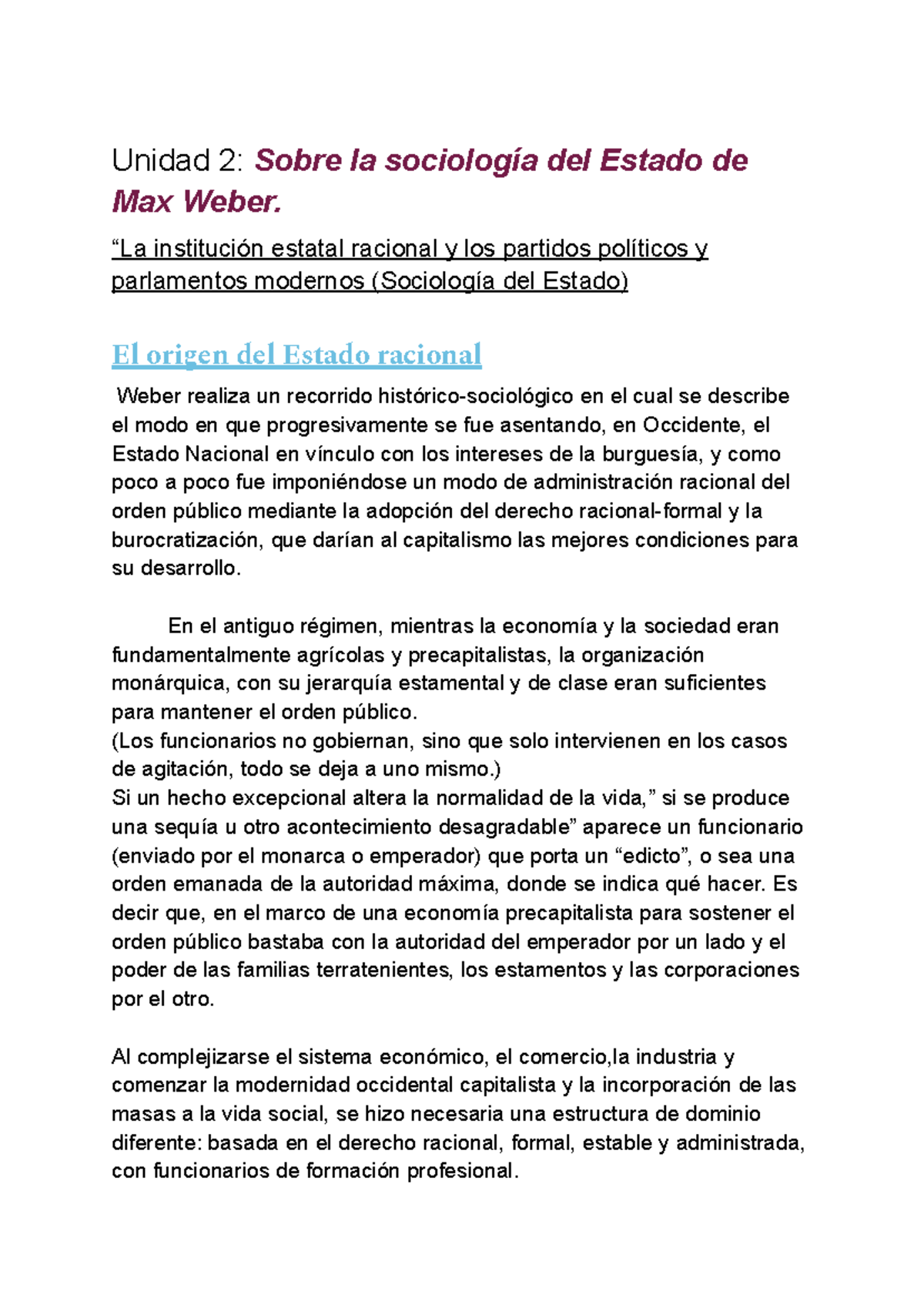 Unidad 2: Sociología del Estado según Max Weber - Análisis y ...