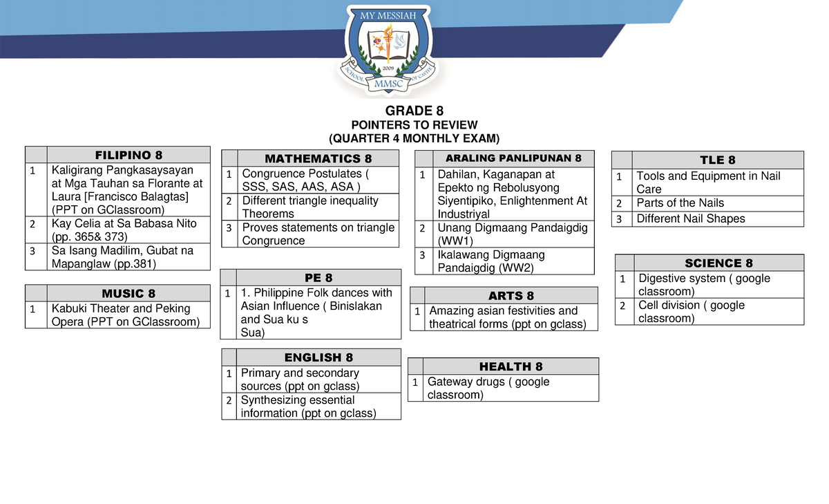 Grade 8 Review Pointers for Quarter 4 Monthly Exam - Studocu