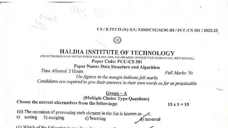 Data Structure and Algorithm Exam Paper - B.TECH (N) 301 - Studocu