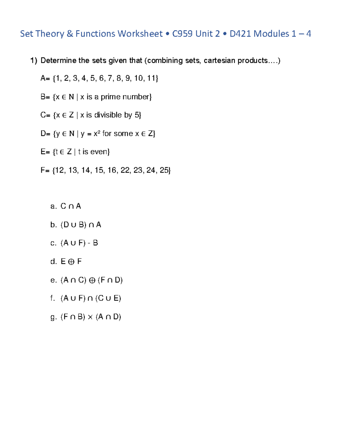 Set Theory & Functions Worksheet C959 Unit 2 D421 Modules 1-4 - Studocu