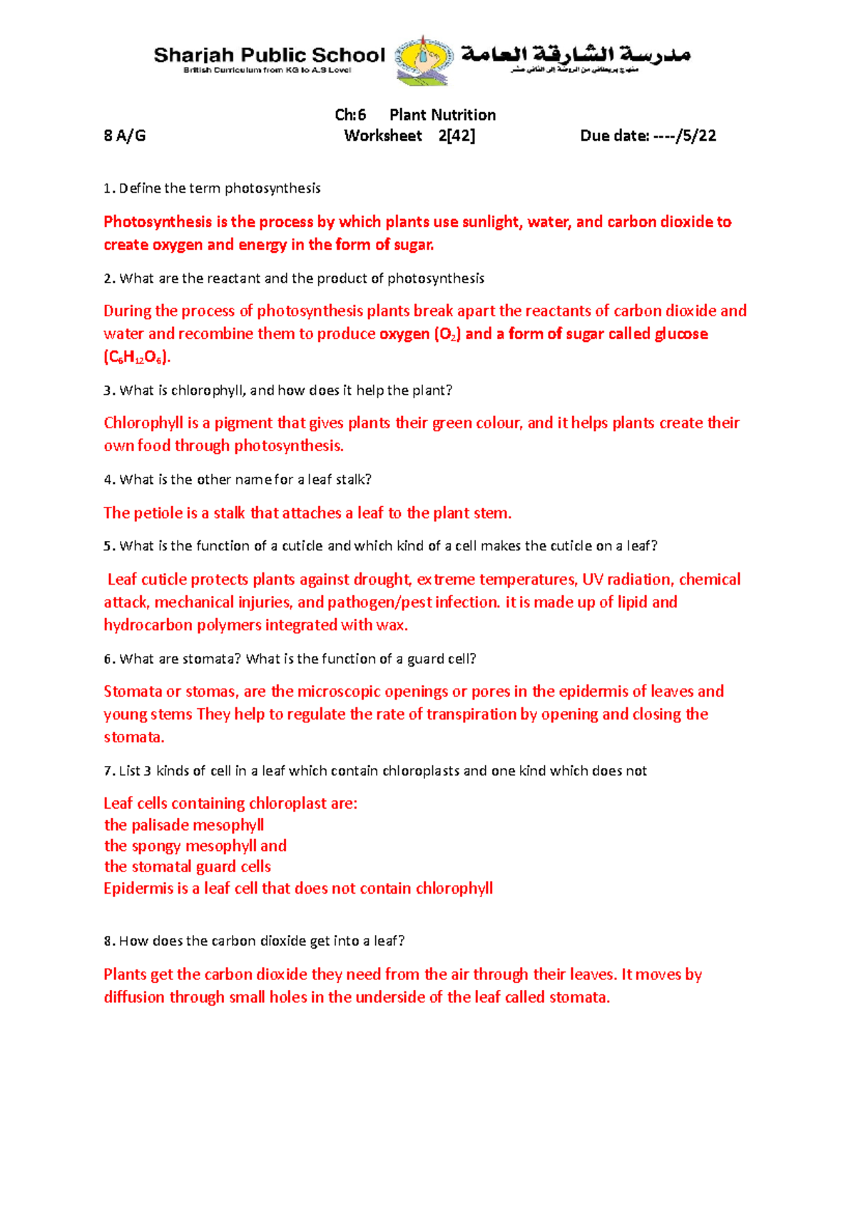 Ch 6 Plant Nutration Worksheet 2 Ans key - Ch:6 Plant Nutrition 8 A/G ...
