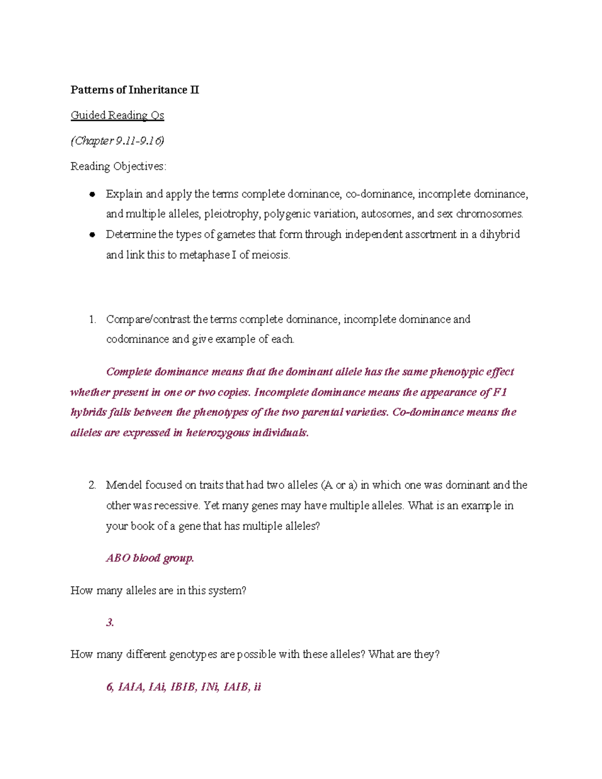 BIO GRQ-12 - Lesson 12 GRQ answers for Biology 101 - Patterns of Inheritance II Guided Reading ...