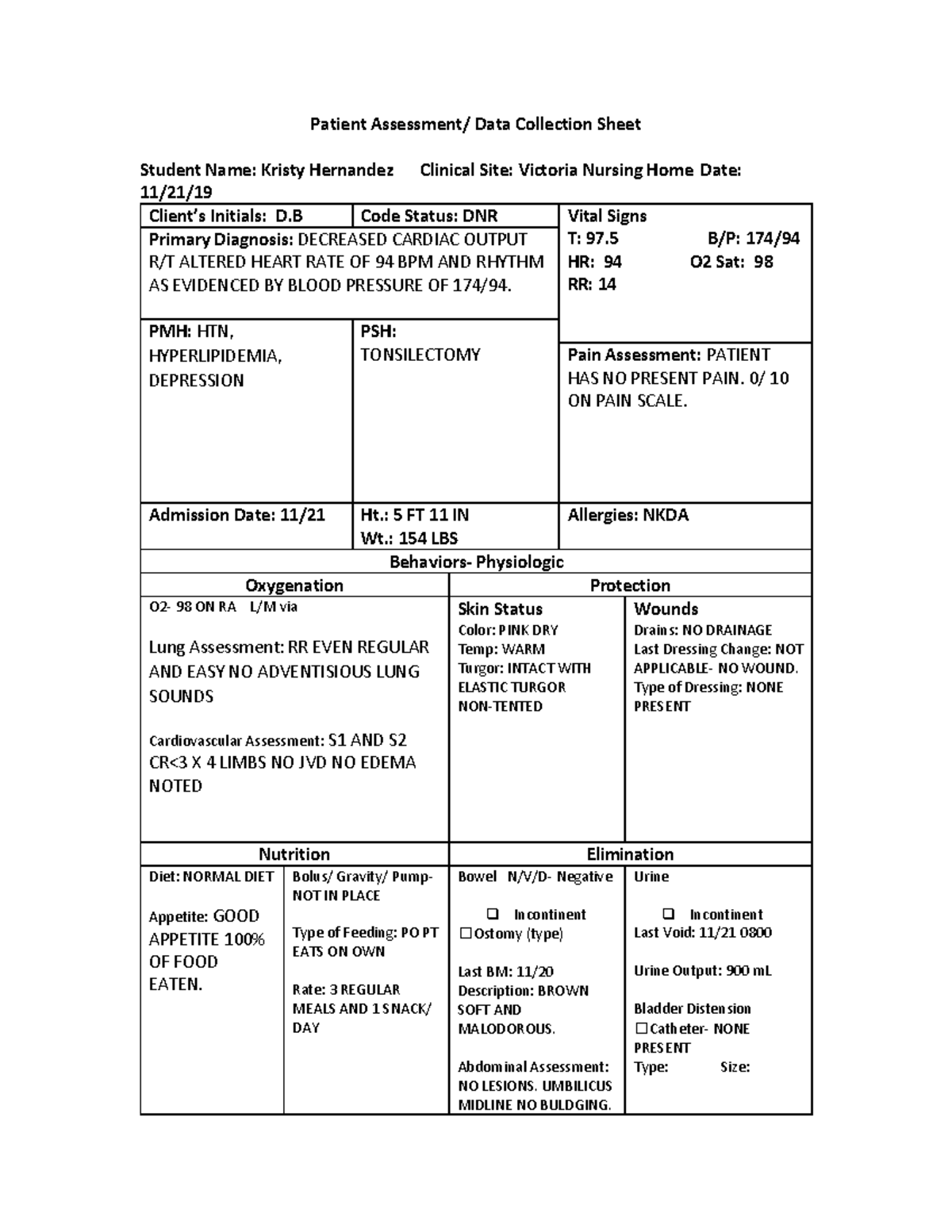 Patient Assessment Data Collection Sheet - Nursing Care Overview - Studocu